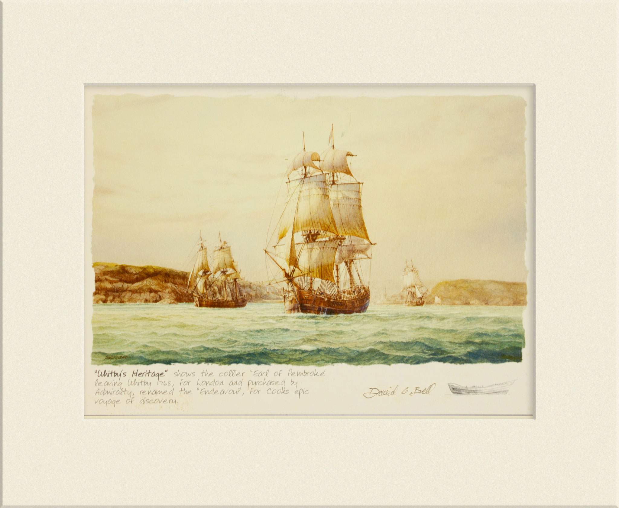 David Bell Whitby's Heritage (Endeavour) gesigneerde prent, 26x21cm Per ...
